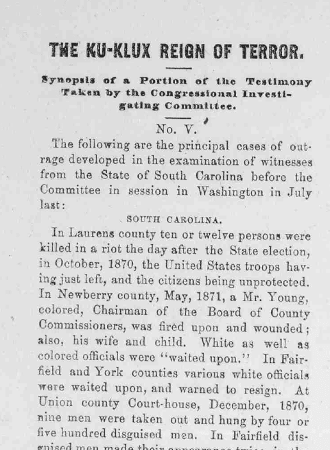 July 7, 1871: Testimony at Klan Hearings by Elias Thomson - Zinn ...